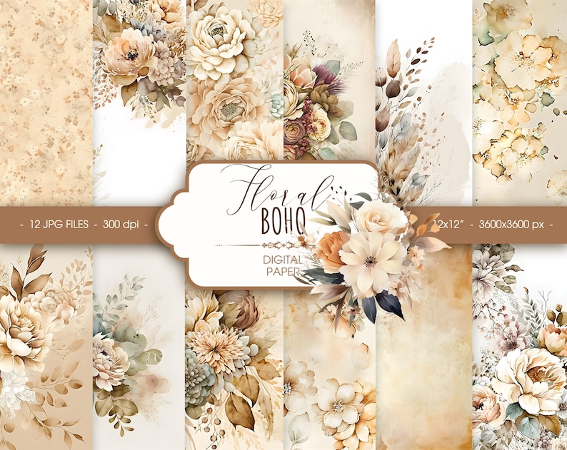 Boho Floral Digital Paper, Abstract Bohemian Wedding Scrapbook Paper ...