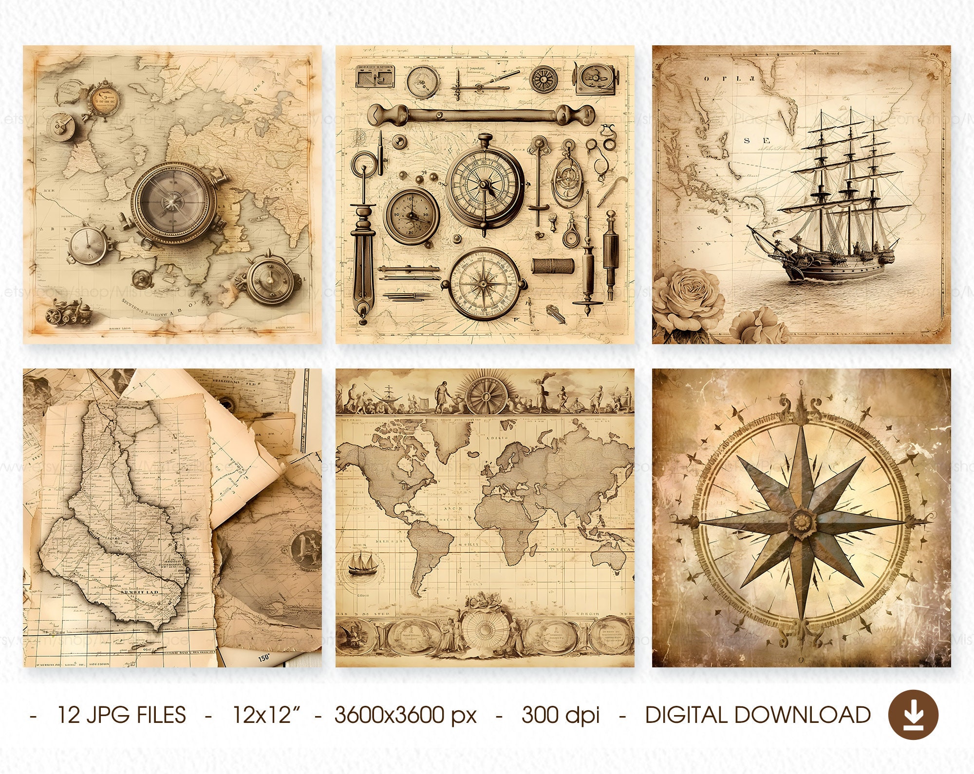 Vintage Map Digital Paper, Retro Adventure Scrapbook Paper, Grunge Word ...