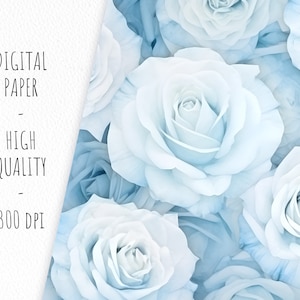 Pastel Blue Floral Digital Paper, Blue Rose Watercolor Scrapbook Paper ...