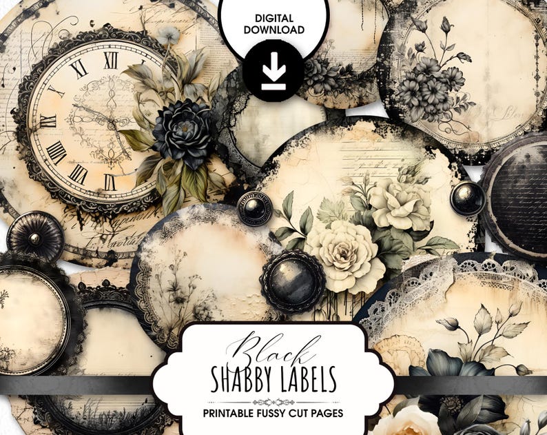 Black Shabby Chic Round Tags, Printable DIY Vintage Black Ephemera ...