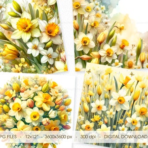 Spring Yellow Floral Digital Paper, Daffodils Watercolor Scrapbook ...