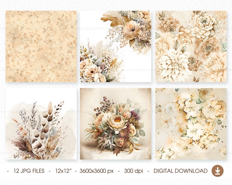 Boho Floral Digital Paper, Abstract Bohemian Wedding Scrapbook Paper ...