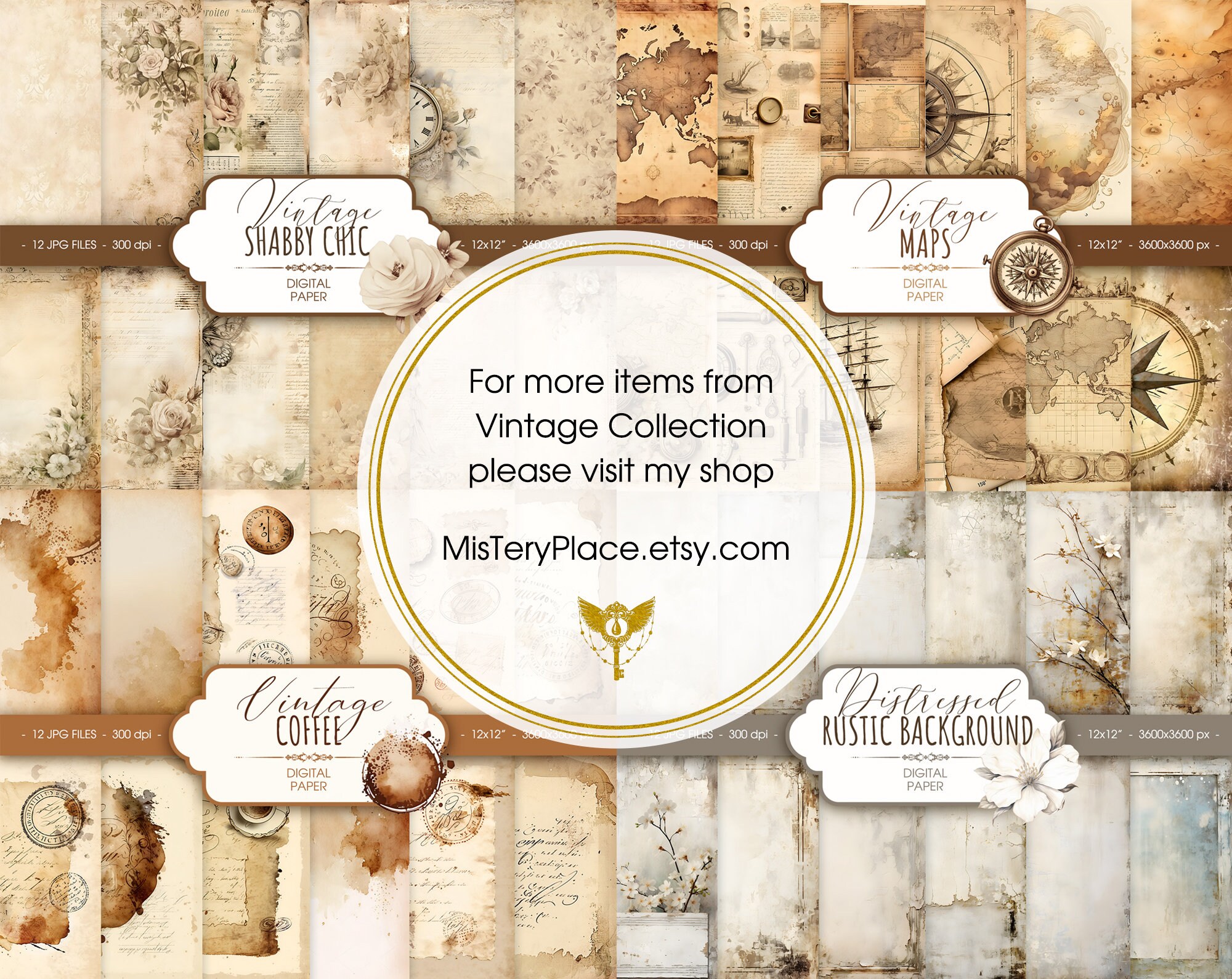 Antique Gold Victorian Digital Paper, Vintage Damask Shabby Chic ...