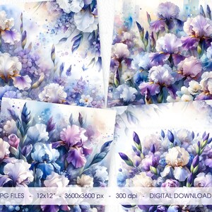 Spring Purple Floral Digital Paper, Iris Watercolor Scrapbook Paper ...