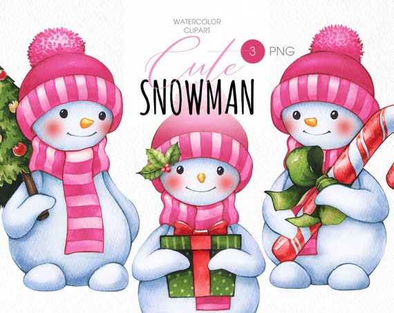 Snowman PNG Clipart. Cute Pink Christmas Watercolor Clipart | Etsy
