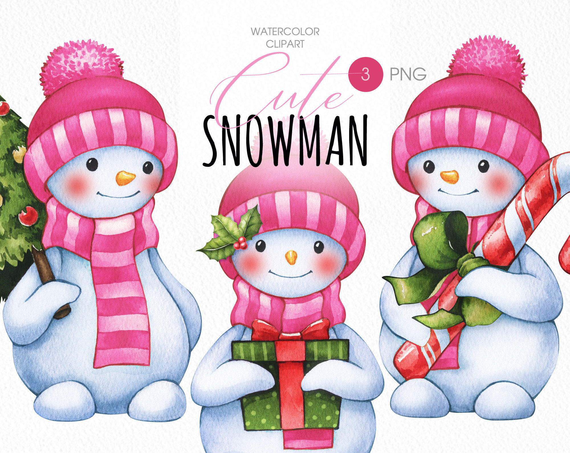 Snowman PNG Clipart. Cute Pink Christmas Watercolor Clipart - Etsy