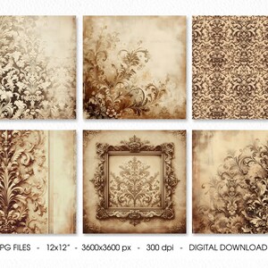 Vintage Victorian Pattern Digital Paper, Distressed Brown Shabby Chic ...