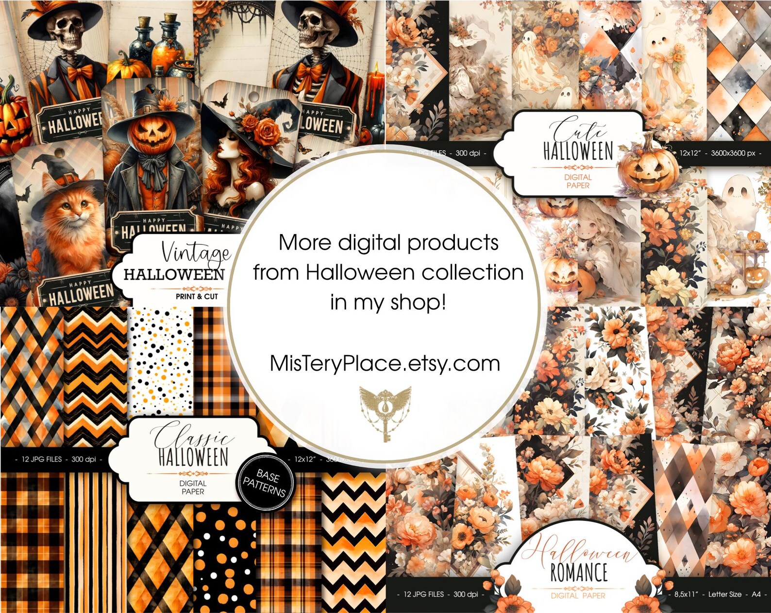 Halloween Floral Digital Paper, Fall Black and Orange Floral Pattern ...