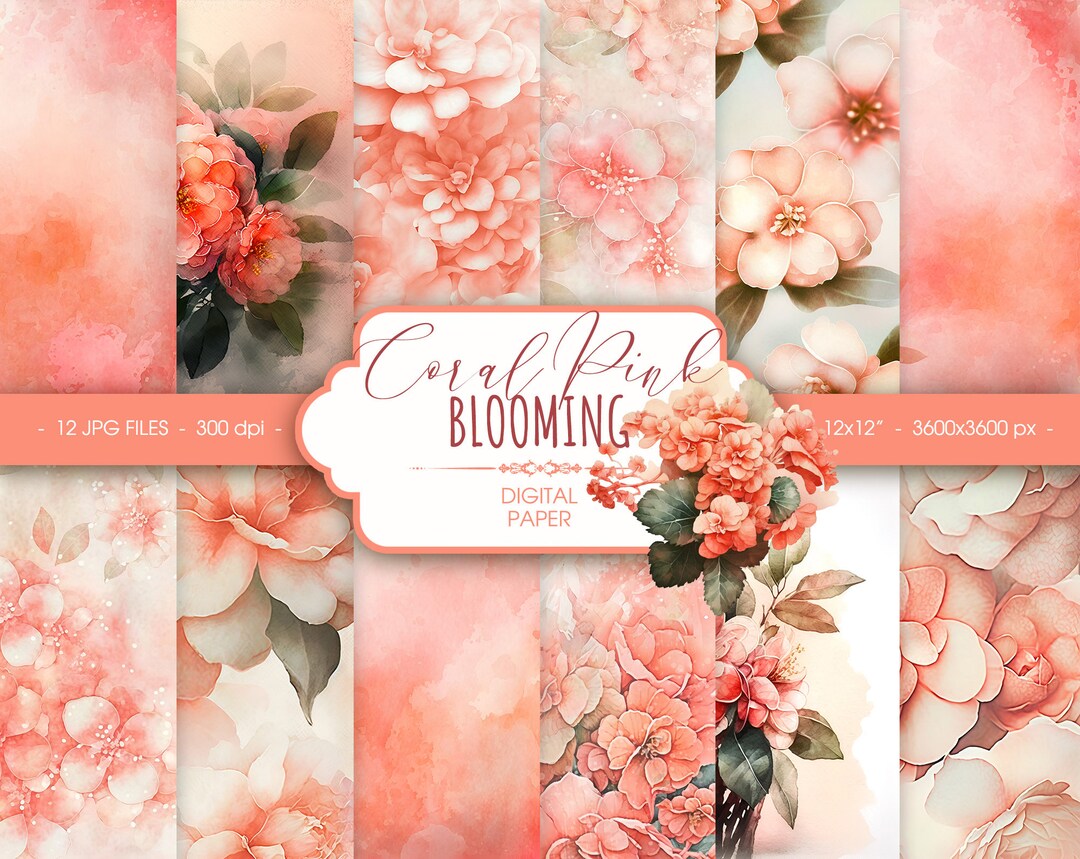 Coral Pink Floral Watercolor Digital Paper, Abstract Pastel Pink ...