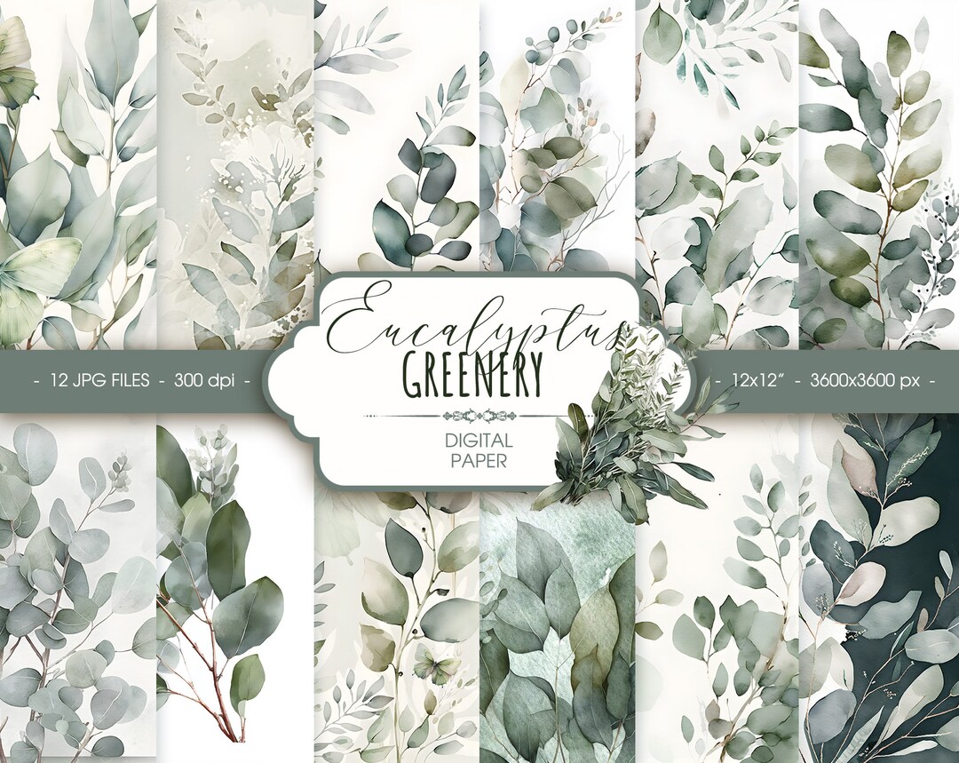 Eucalyptus Watercolor Digital Paper, Abstract Sage Green Greenery ...