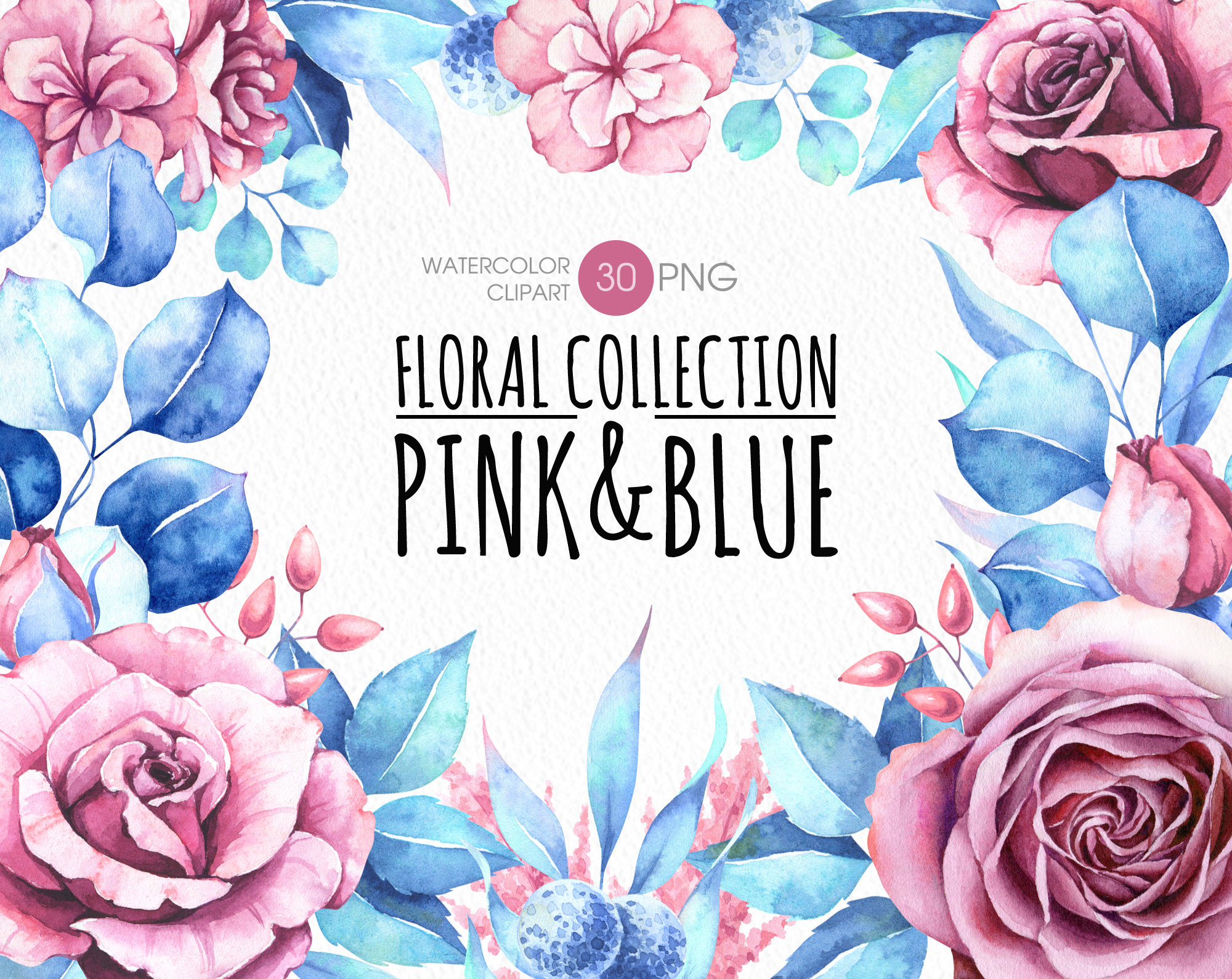 Pink and Blue Watercolor Floral PNG Clipart. Rose Flowers | Etsy