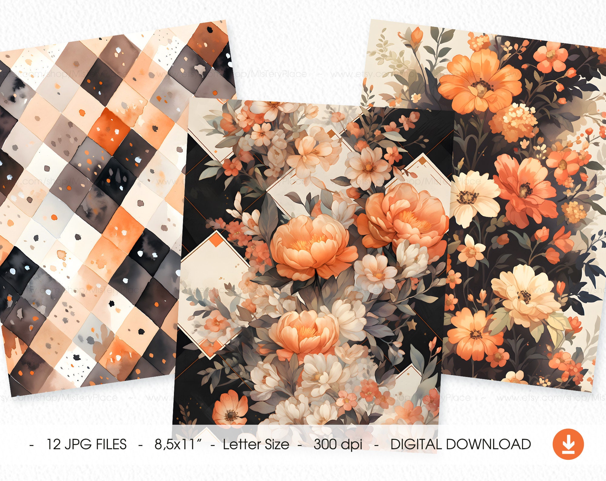 Halloween Floral Digital Paper, Fall Black and Orange Floral Pattern ...