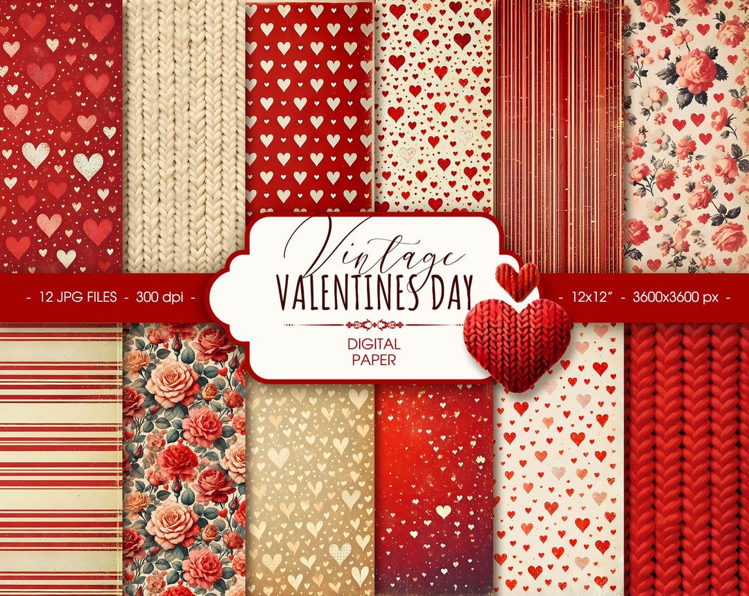 Vintage Valentines Digital Paper, Printable Valentines Day Grunge ...