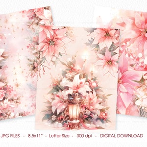 Pastel Pink Christmas Digital Paper, Winter Floral Scrapbook Paper and ...