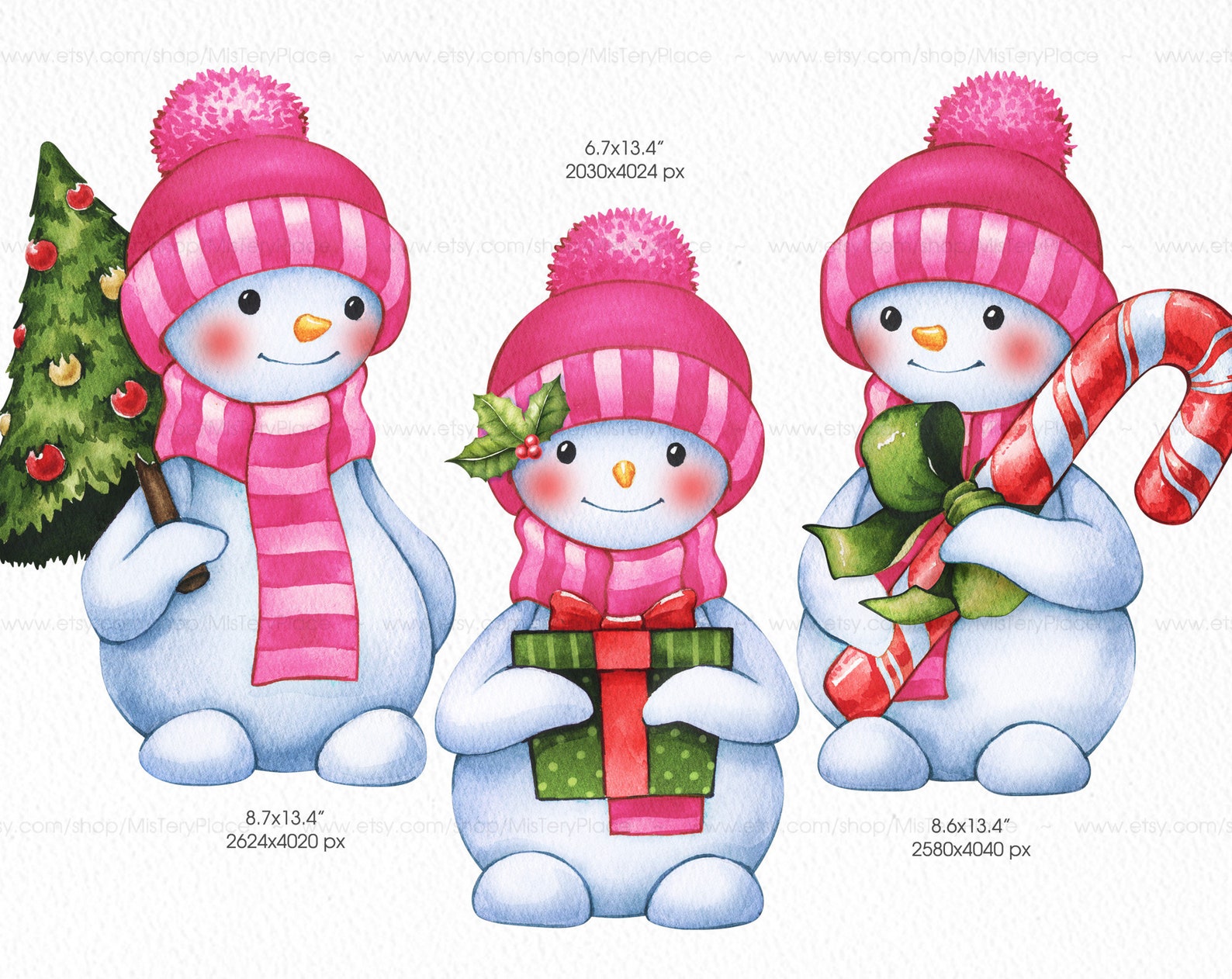 Snowman PNG Clipart. Cute Pink Christmas Watercolor Clipart - Etsy