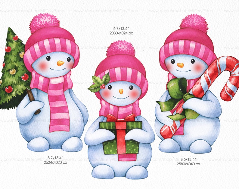 Snowman PNG Clipart. Cute Pink Christmas Watercolor Clipart for ...