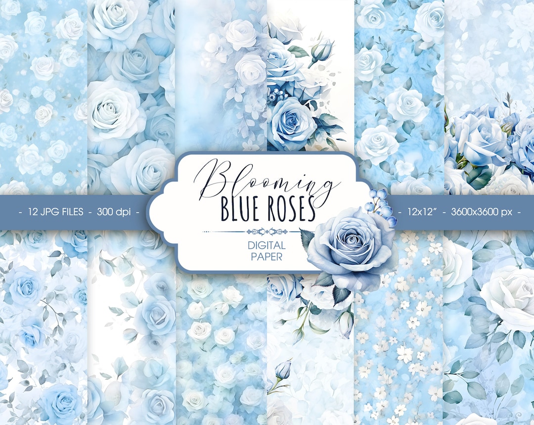 Pastel Blue Floral Digital Paper, Blue Rose Watercolor Scrapbook Paper ...