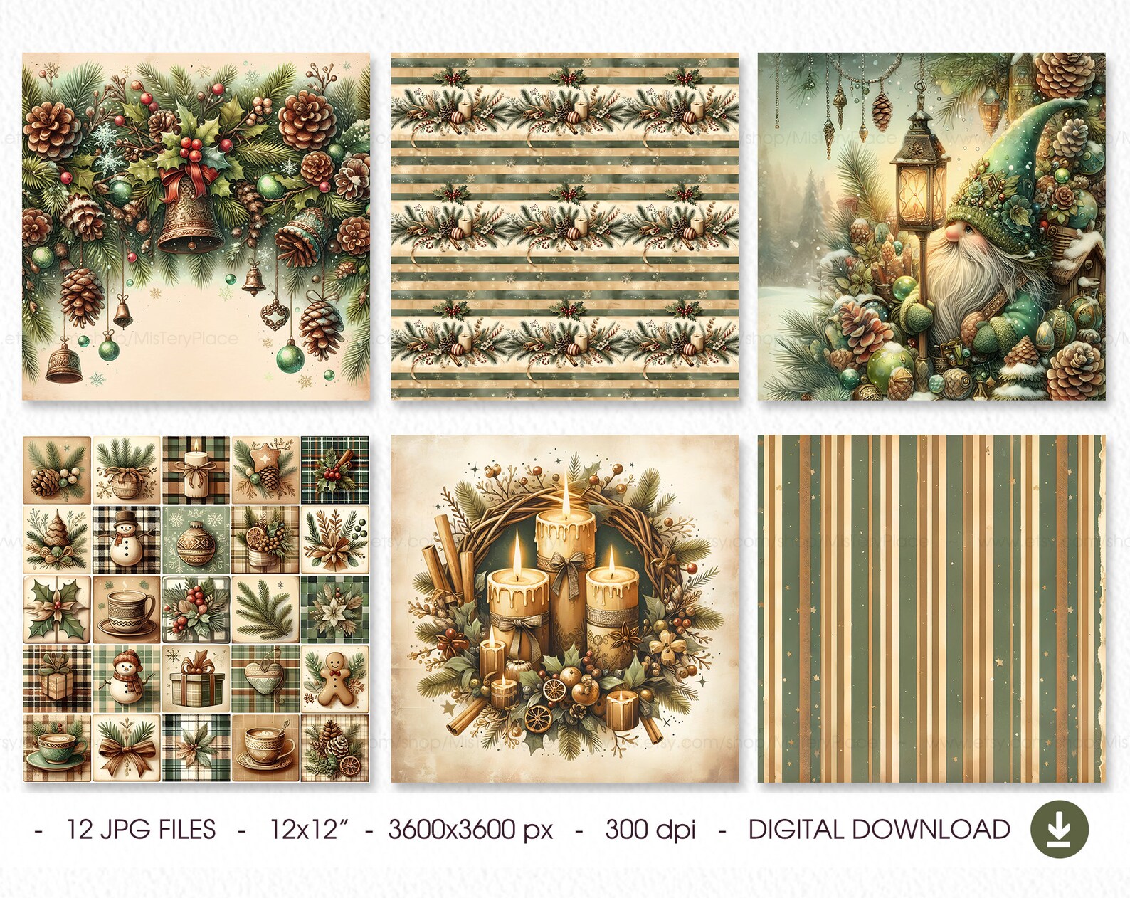 Vintage Green Christmas Digital Paper, Printable Magic Rustic Christmas ...