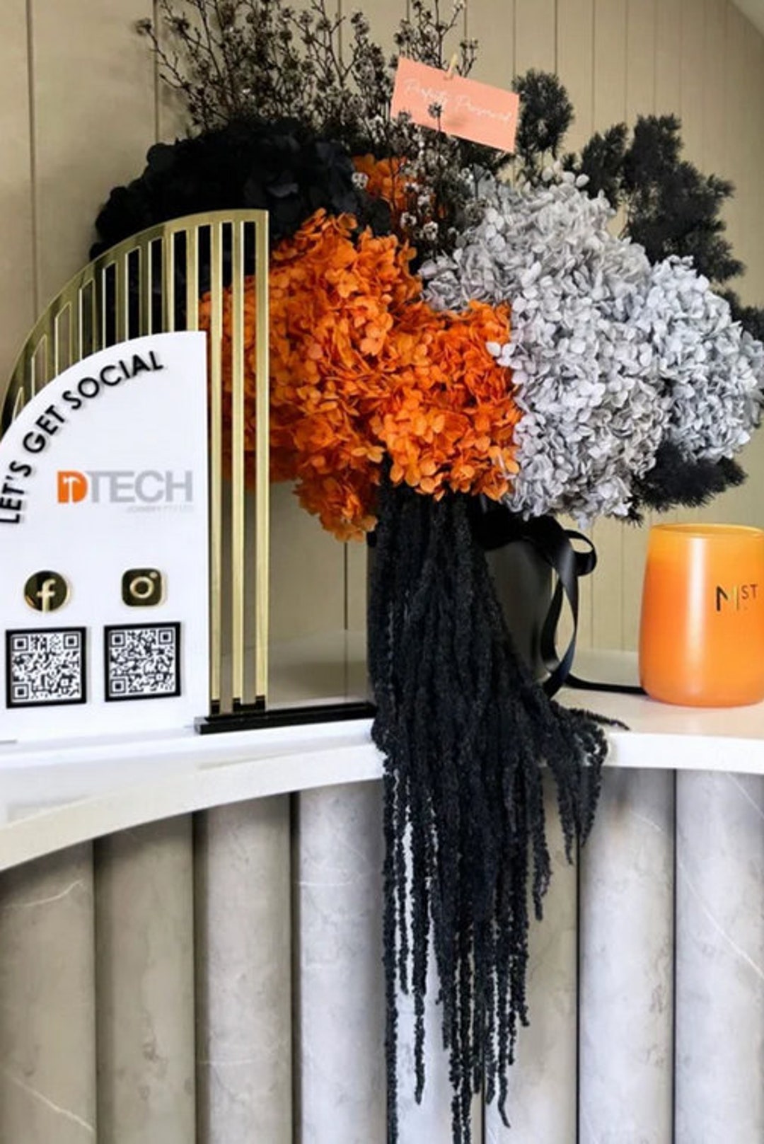 Half Arch Modern QR Freestanding Sign - 2 QR Codes, Logo + Card Holder ...
