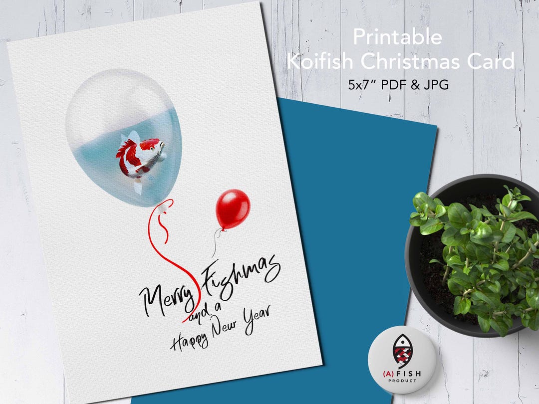 Printable Merry Fishmas Card Koi Fish Balloon Design, Funny Christmas ...