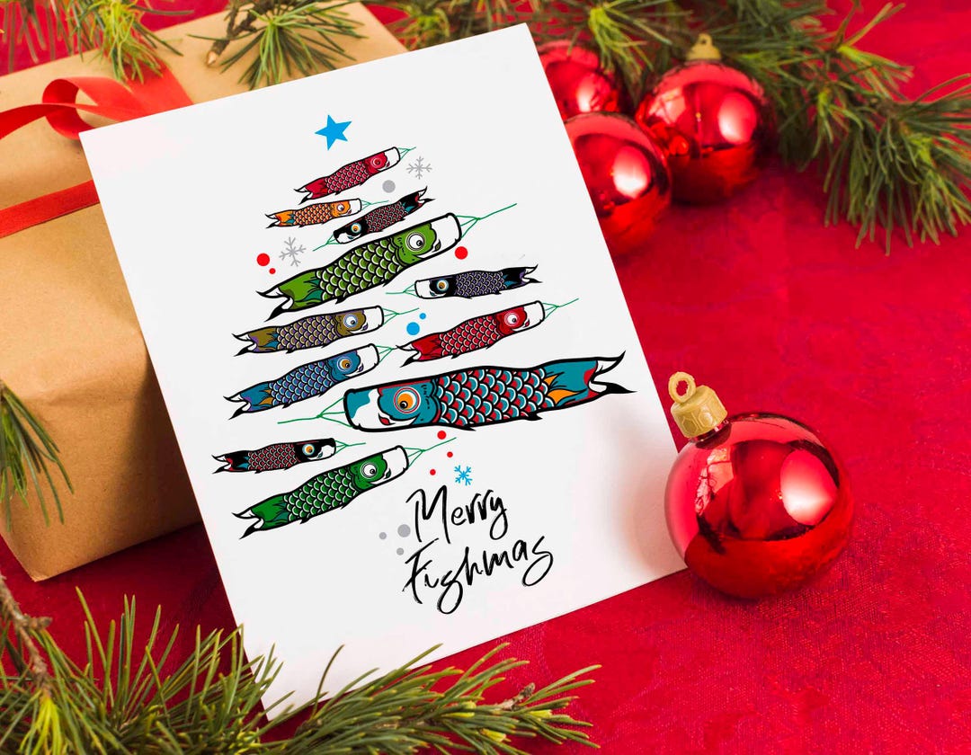 Printable Merry Fishmas Card Koi Fish Flag Design, Christmas Tree ...