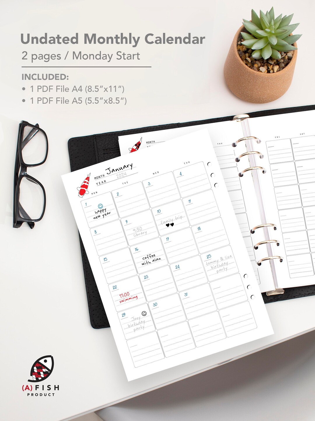 Koi Fish Monthly Planner, Undated Monthly Calendar Printable, Monthly ...