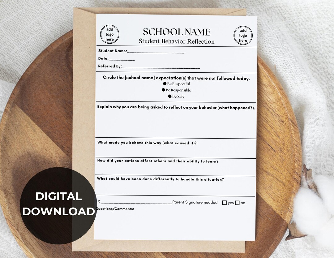 Student Behavior Reflection Form - Etsy