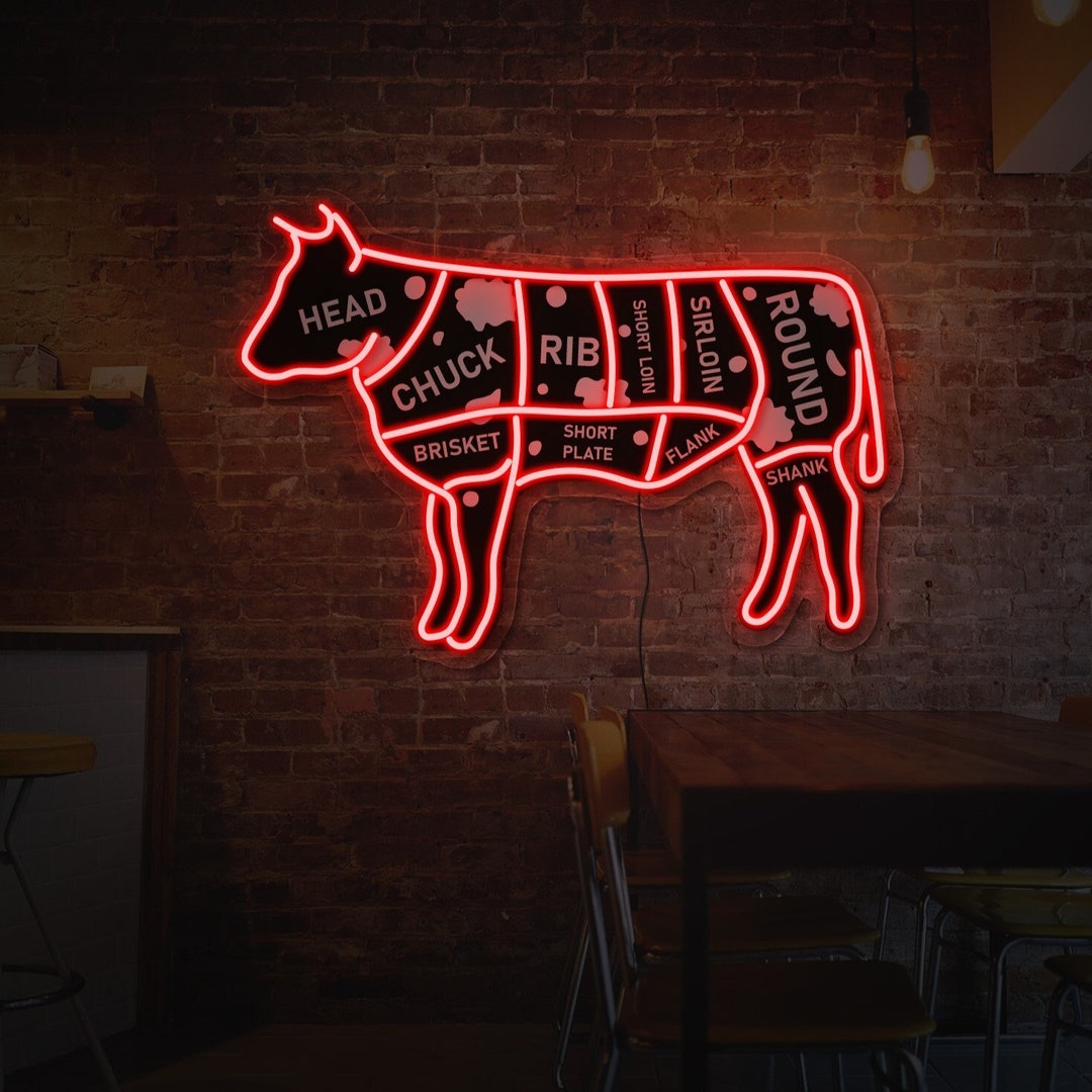 Cow Neon Sign, the Butcher Light Sign, Cuts of Beef Led, BBQ Neon Sign ...