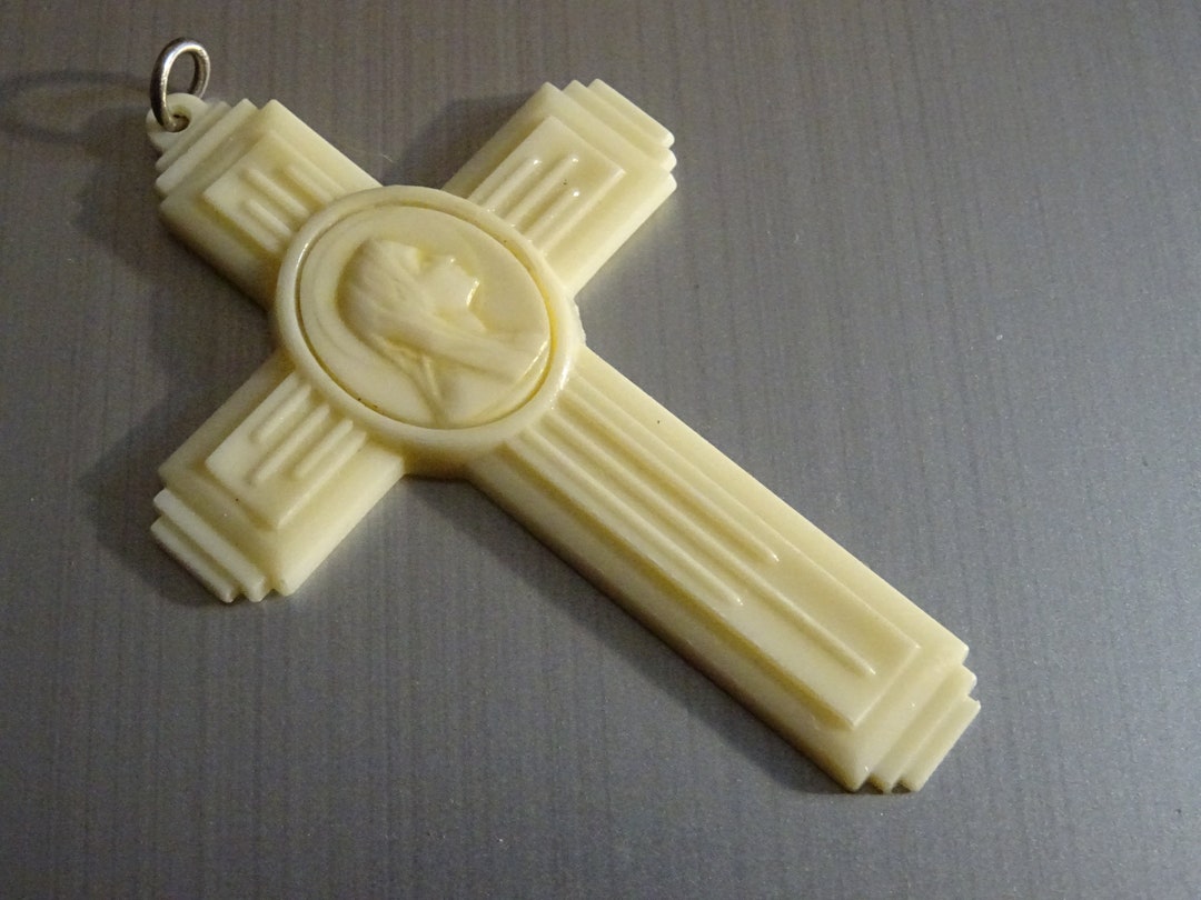 White Celluloid Cross With Virgin Mary, Religious Catholic Pendant ...