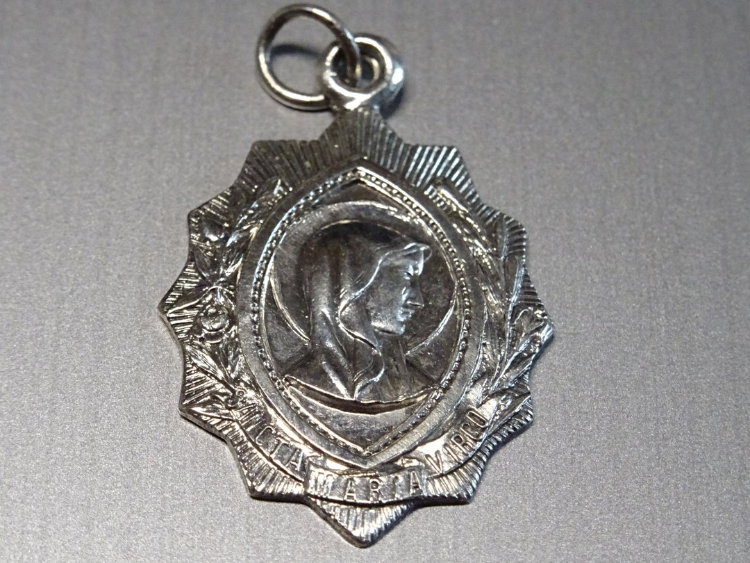 Virgin Mary With Palm Leaves Borders. Vintage Pendent Medallion Medal ...