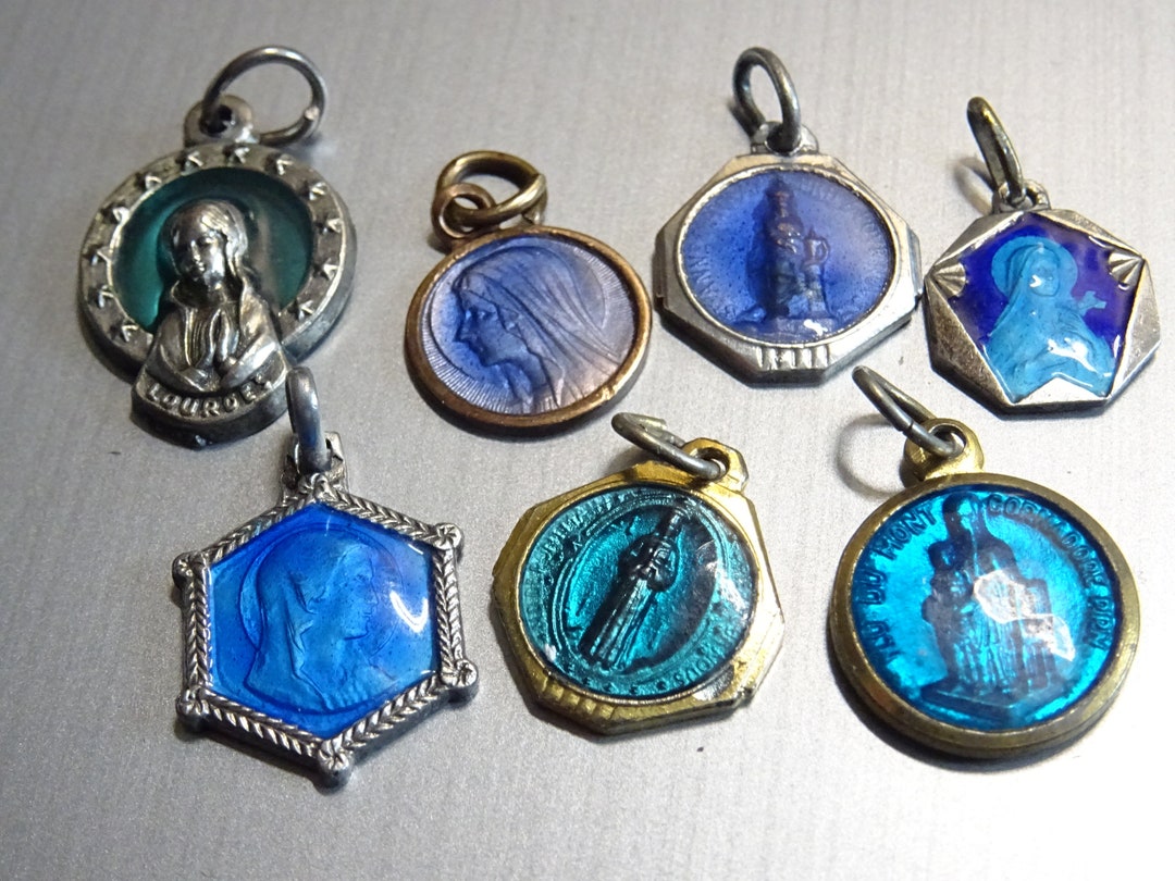 Vintage Enamel Holy Medals: Virgin Mary, St. Therese, St. Christopher ...