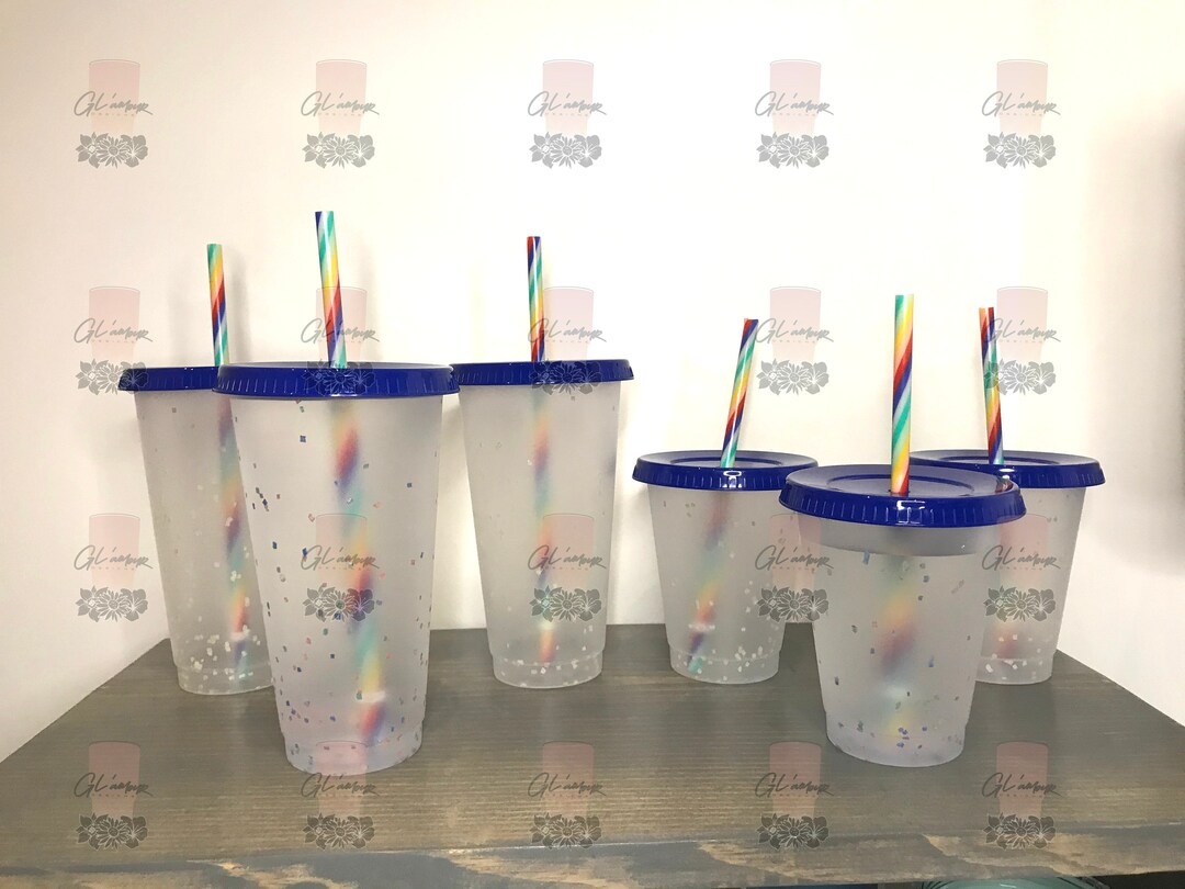 Confetti Blue Lid Cold Cups With Rainbow Straws - Etsy