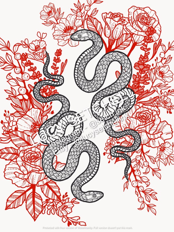 Snake and Floral Art Print Tattoo Style | Etsy