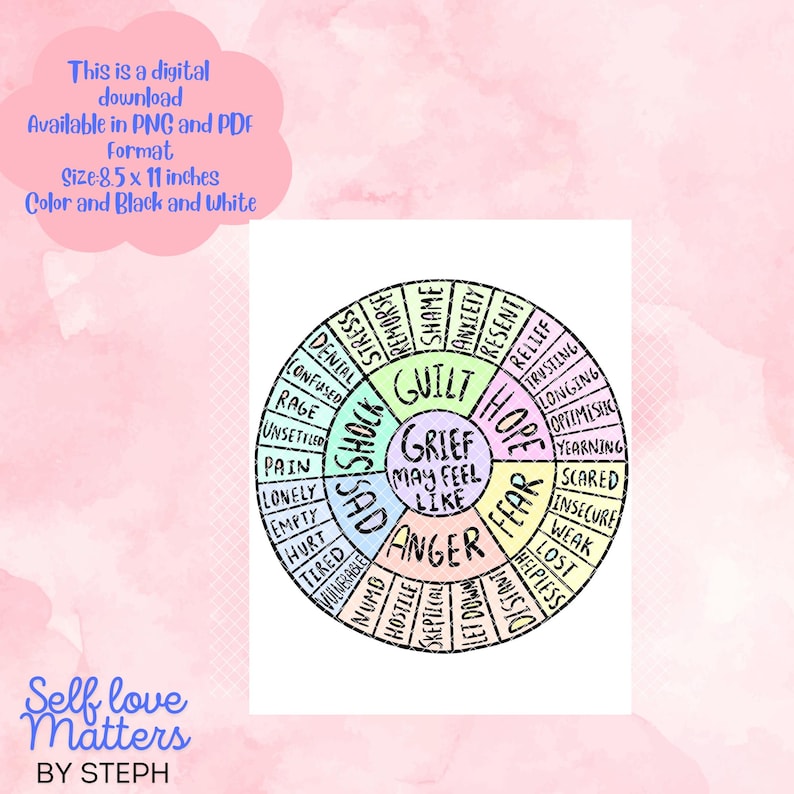 Grief Emotions Feeling Wheel PDF Digital Download Mental Health Digital ...
