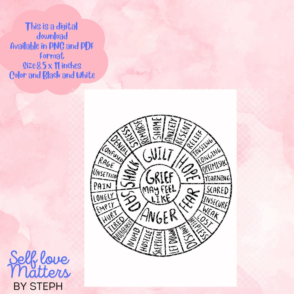 Grief Emotions Feeling Wheel PDF Digital Download Mental Health Digital ...
