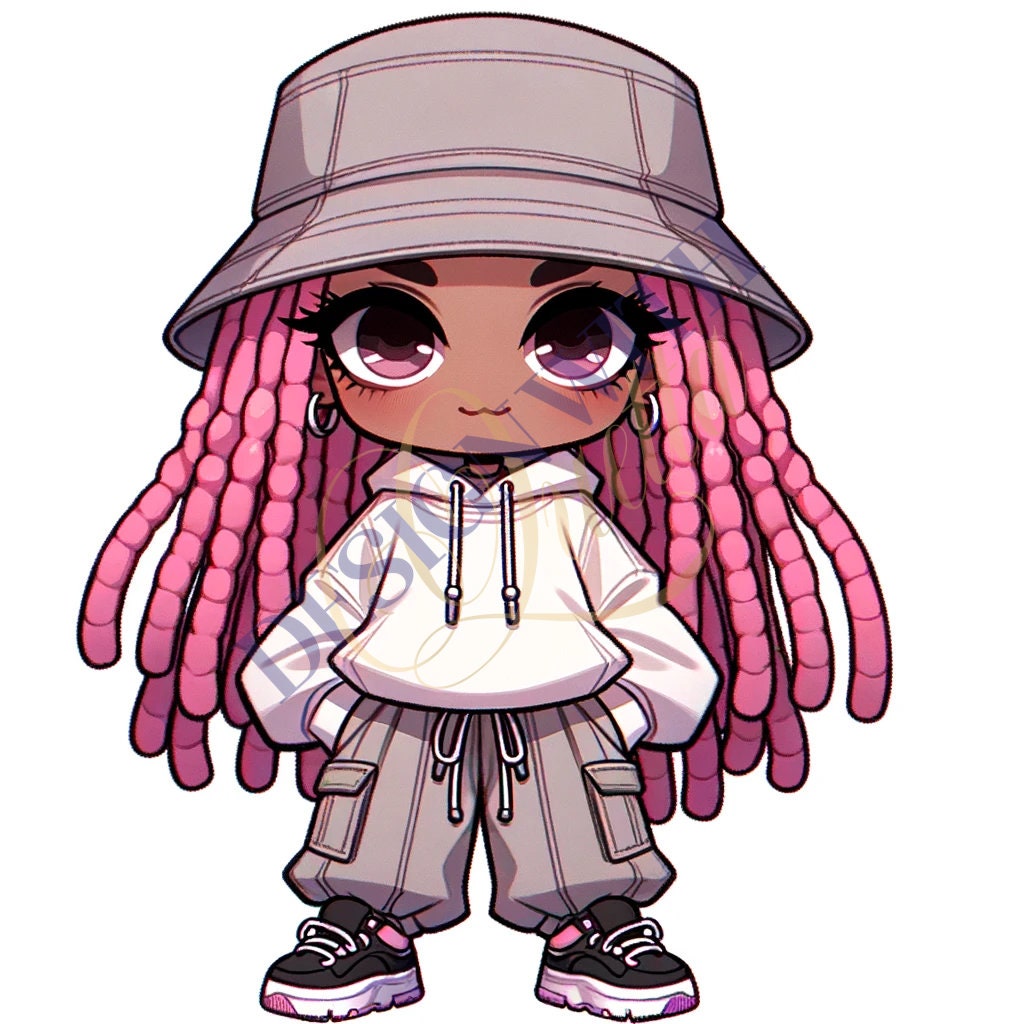 Hip Hop Themed Chibi Illustration Afro-american Girl With Pink ...