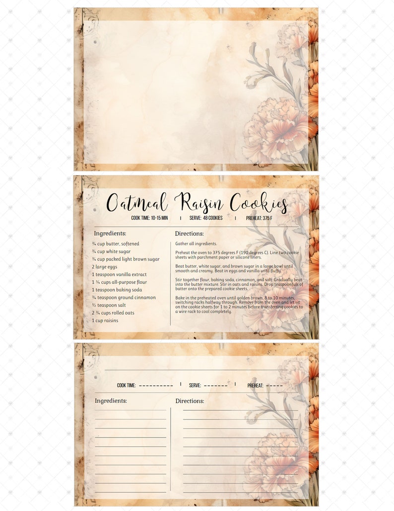 Vintage Floral Recipe Card (B1), Flower Recipe Card Printable and ...