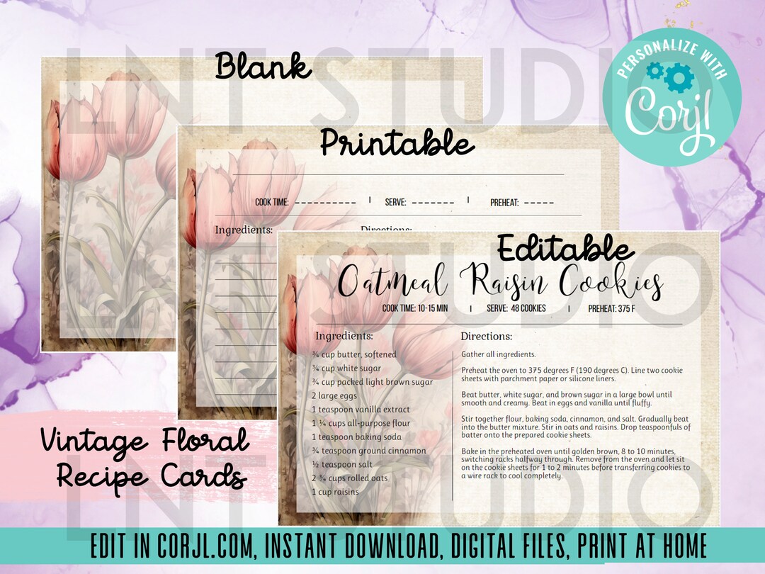 Vintage Floral Recipe Card (B3), Flower Recipe Card Printable and ...