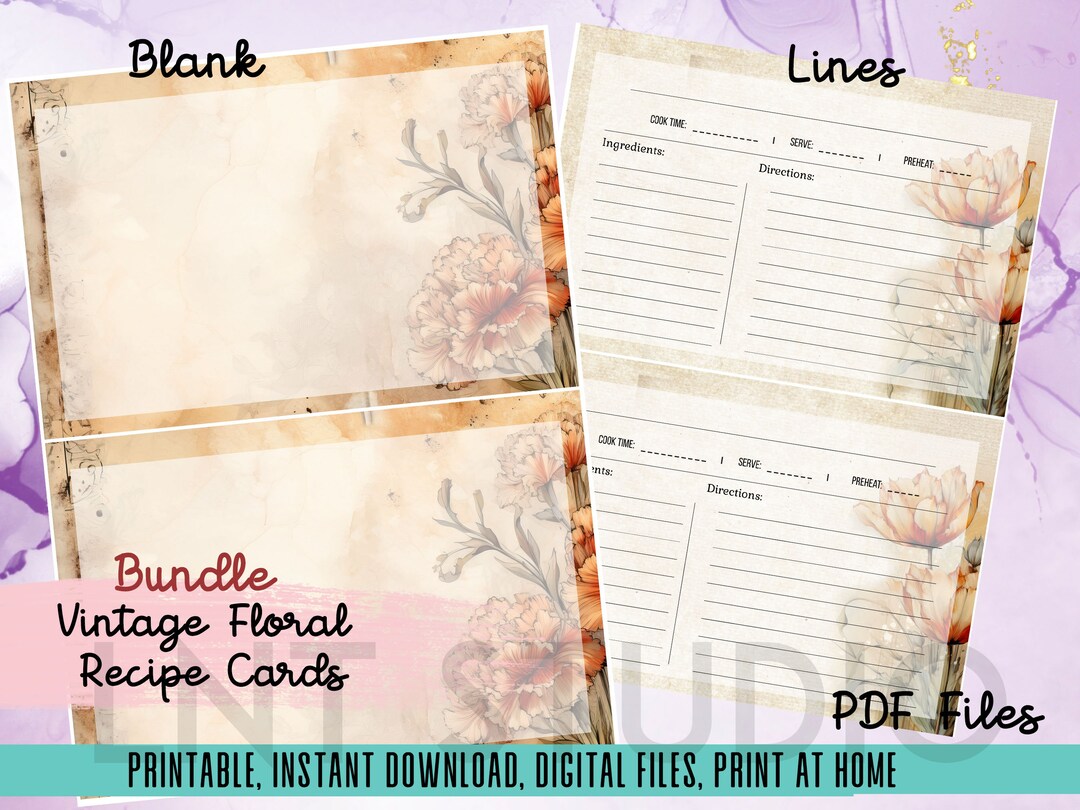 Vintage Floral Recipe Bundle, Flower Recipe Card Printable and Editable ...