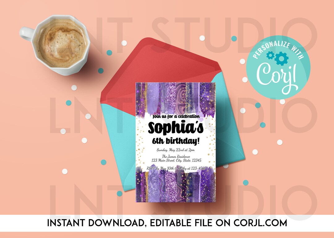 Birthday Invitation, Purple Gold Card, Printable and Editable Card ...