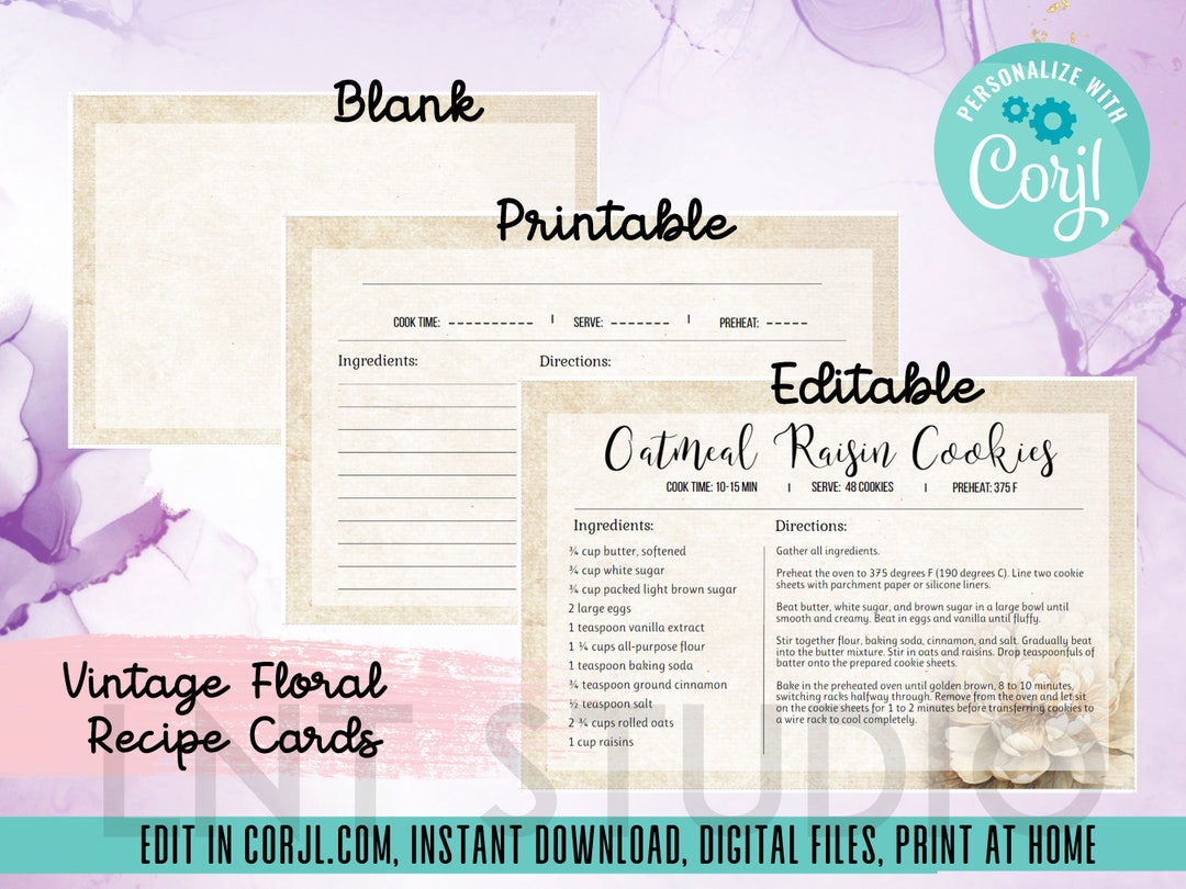 Vintage Floral Recipe Card (B4), Flower Recipe Card Printable and ...