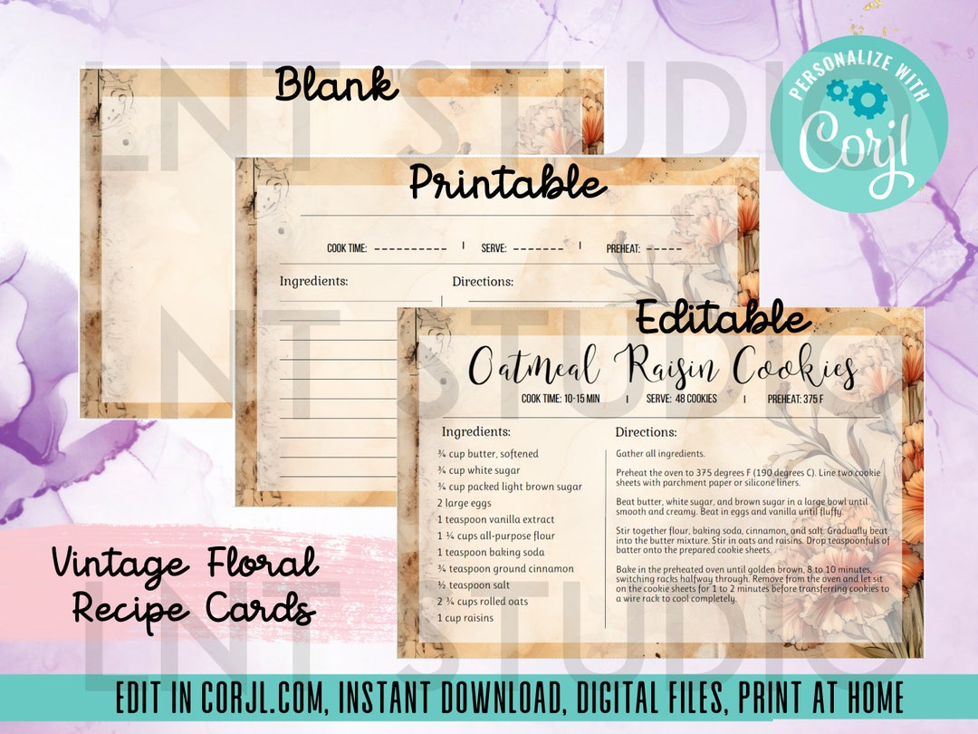 Vintage Floral Recipe Card (B1), Flower Recipe Card Printable and ...