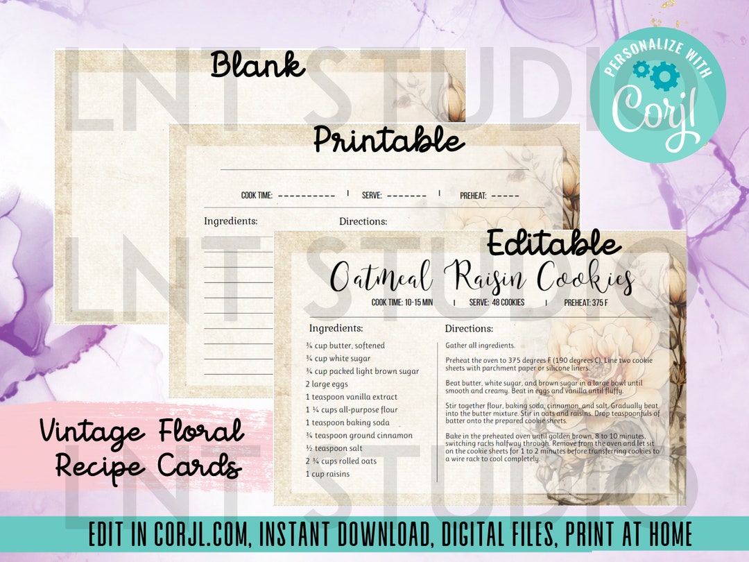 Vintage Floral Recipe Card (B2), Flower Recipe Card Printable and ...