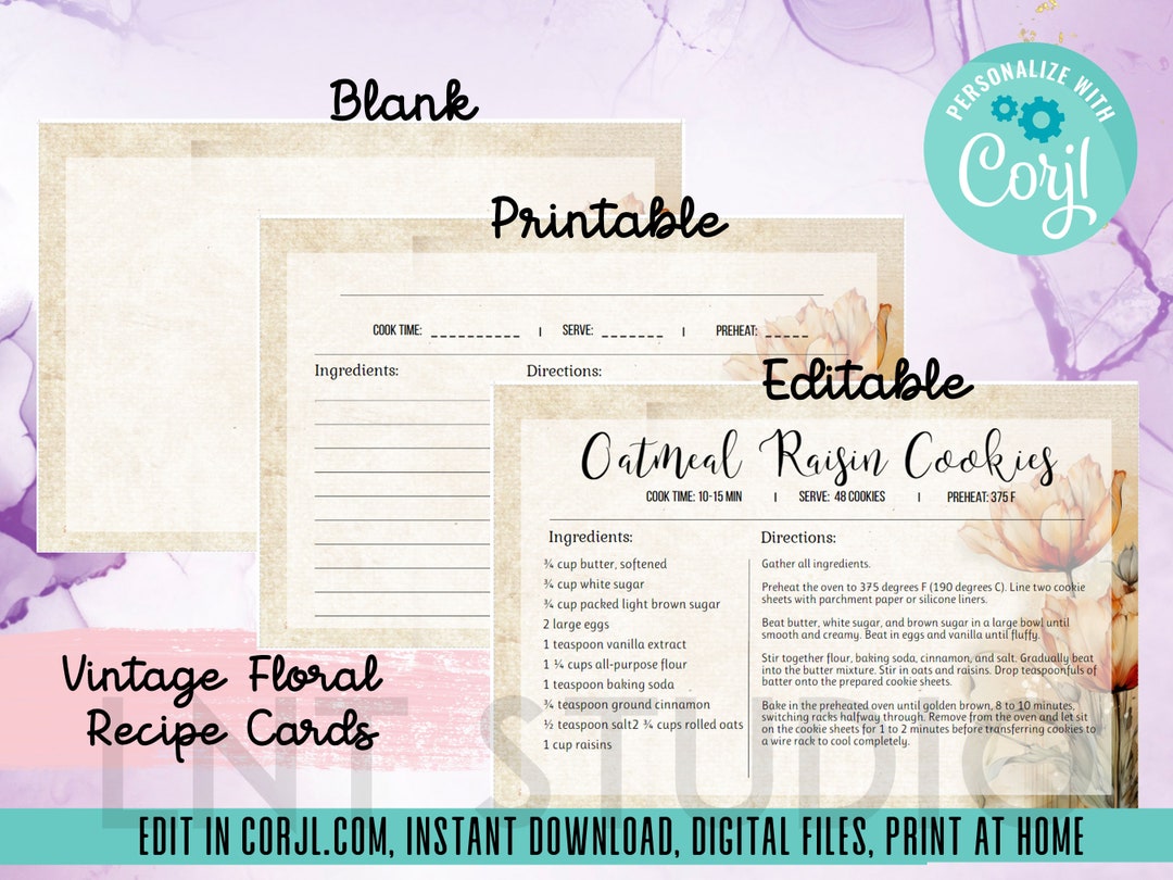Vintage Floral Recipe Card (B6), Flower Recipe Card Printable and ...