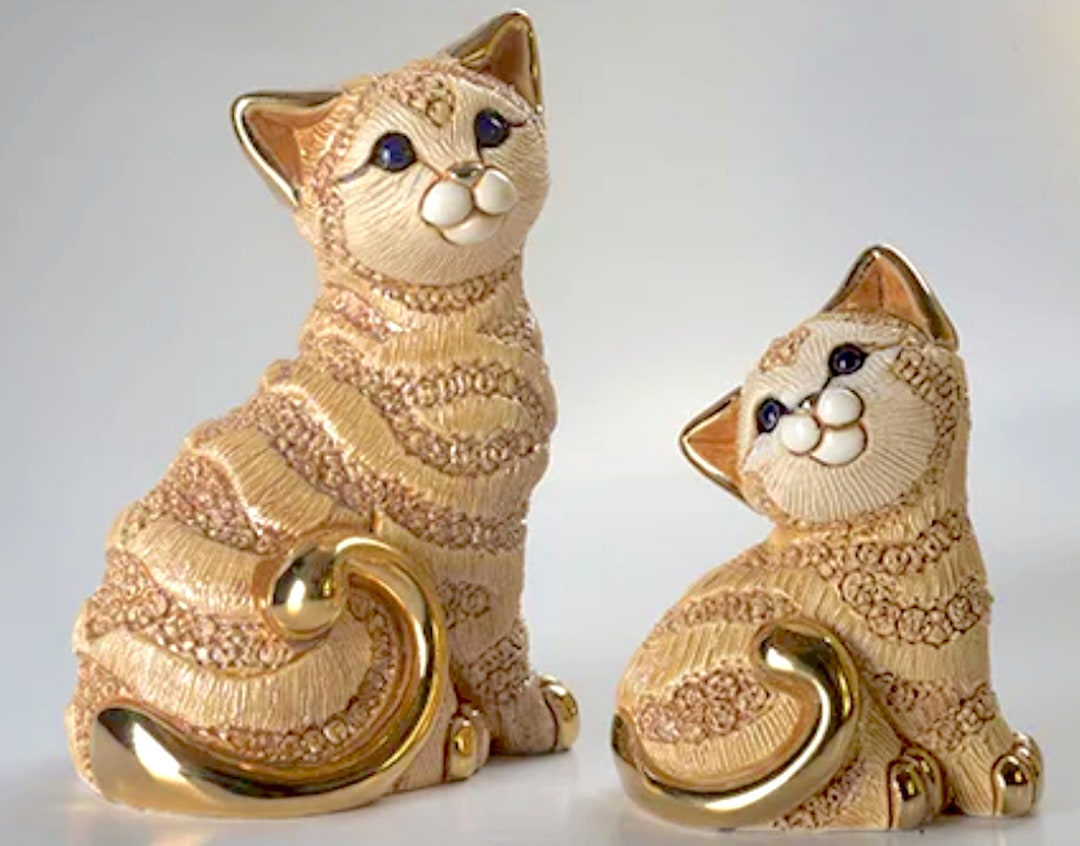 Handmade Sculpted Ceramic Ginger Striped Cat Family Figurines - De Rosa ...