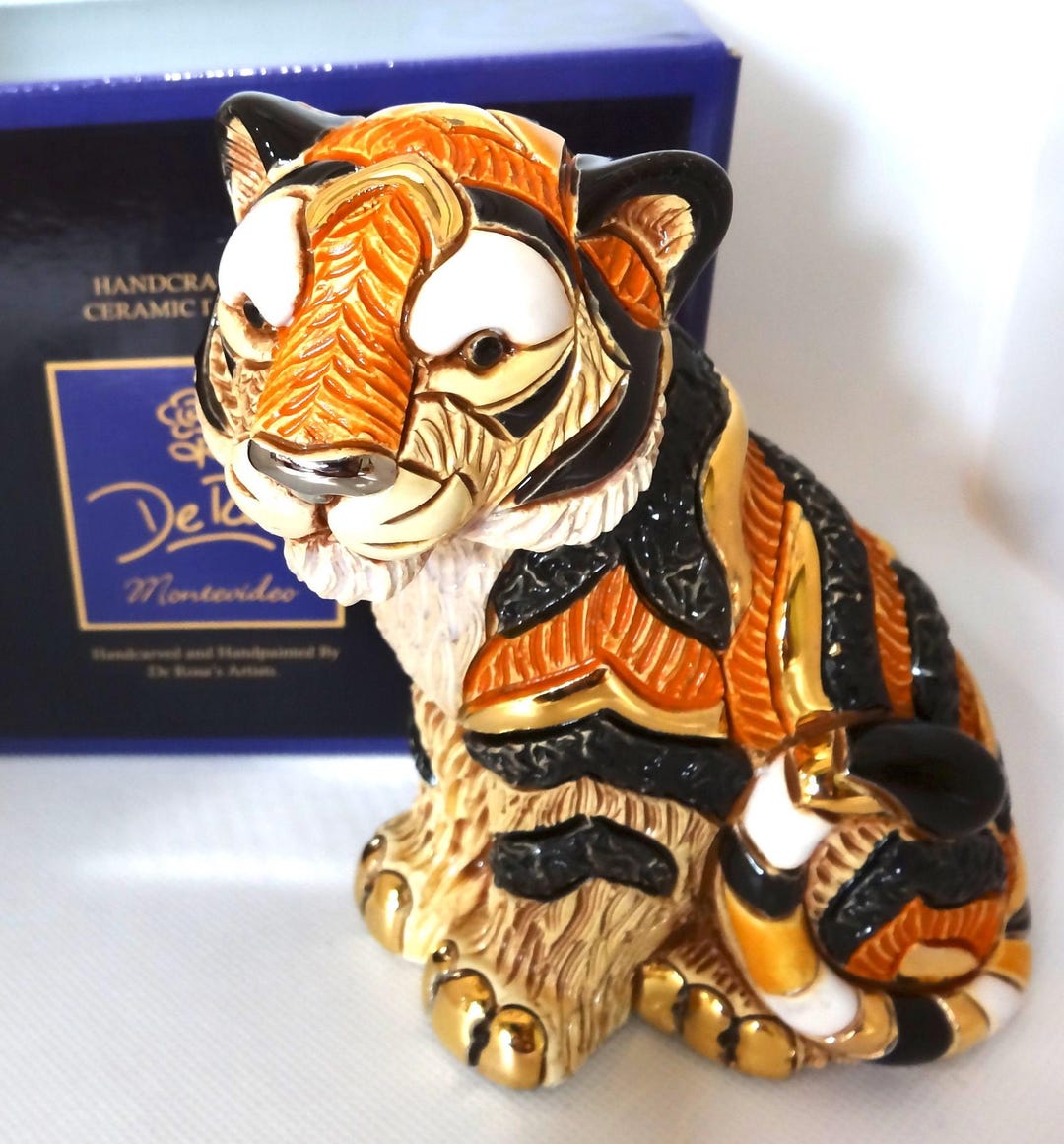Handmade Sculpted Ceramic Tiger Figurine: Gold & Platinum Accents, De ...