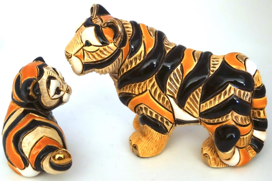 Handmade Sculpted Ceramic Tiger Family Figurines: Gold & Platinum ...