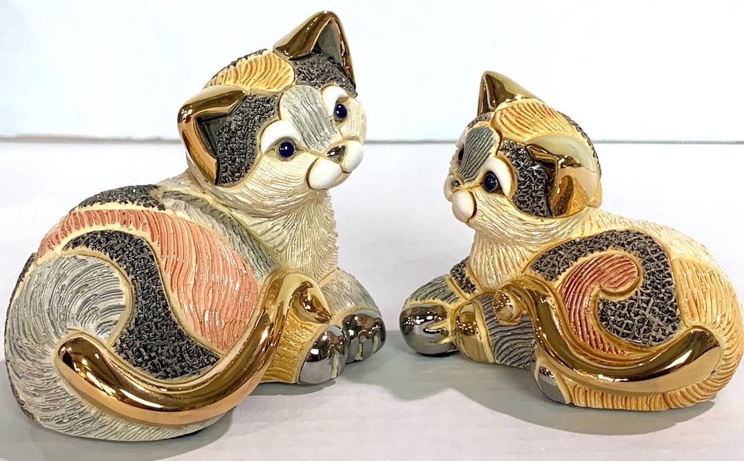Handmade Sculpted Ceramic Calico Cat Figurine: Gold & Platinum Accents ...