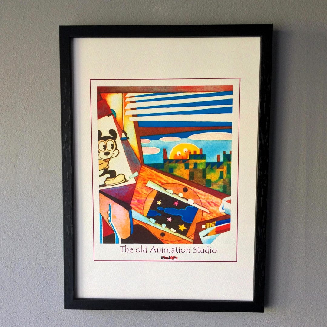 Old Animation Studio Framed Cubist Print, Signed by Artist, Mid Century ...