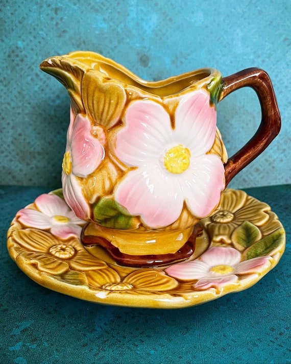 Pink Dogwood Pitcher-vase With Attached Saucer | Etsy